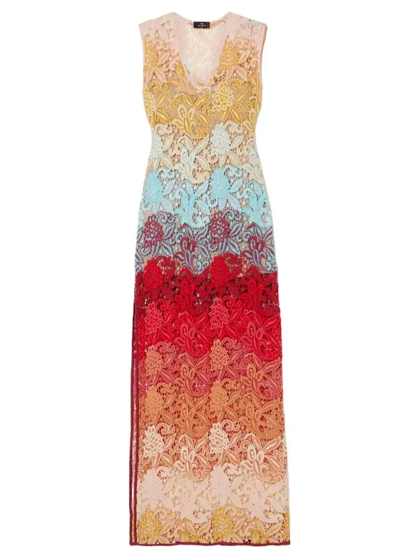 Etro Maxi Dress With Crochet And Fringe - Multi-color