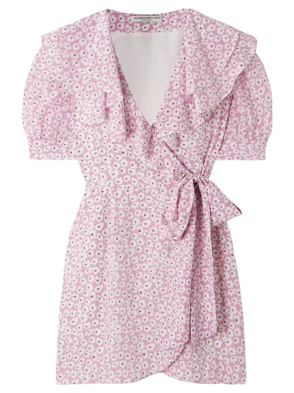 Alessandra Rich Ruffled Floral-print Silk-georgette Mini Wrap Dress - Pink