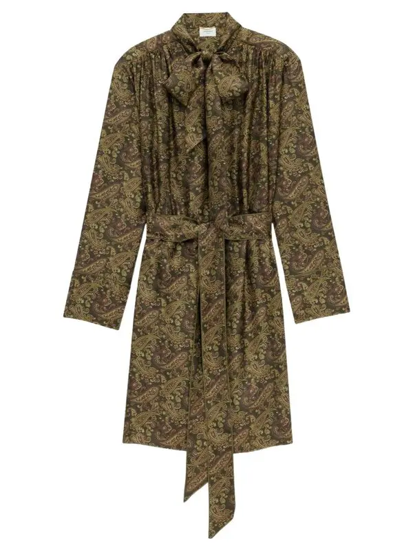 Saint Laurent Paisley Print Long Sleeve Dress With Tie Detail - Brown