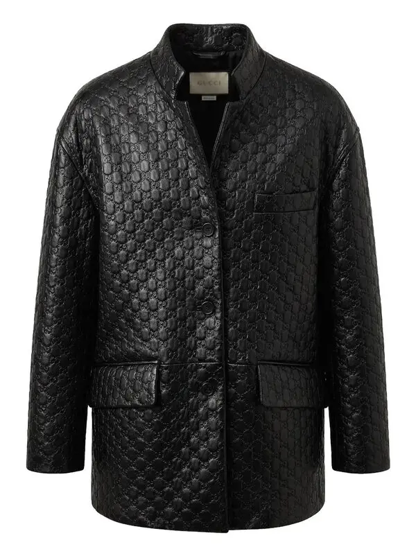 Gucci Gg Embossed Leather Stand Collar Jacket - Black