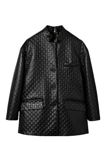 Gucci Gg Embossed Leather Stand Collar Jacket - Black