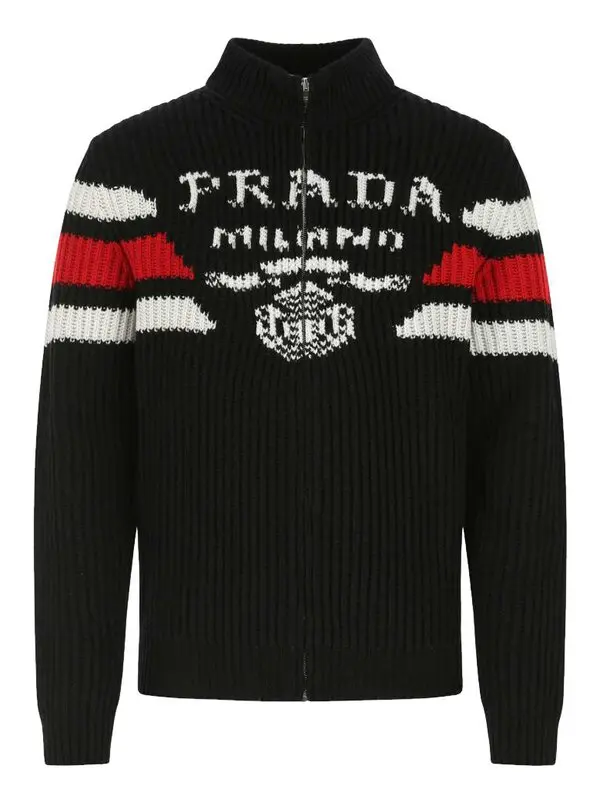 Prada Logo Jacquard Cashmere Cardigan - Black