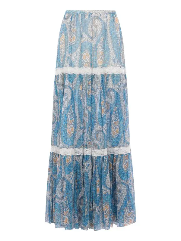 Etro Printed Silk Creponne Flounced Maxi Skirt - Light Blue / Multi