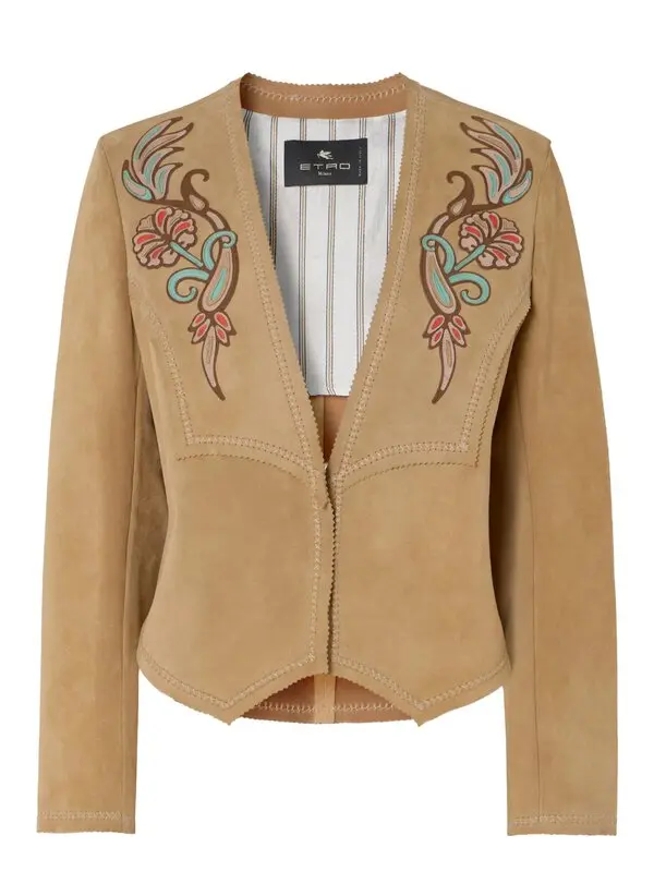 Etro Suede Floral Appliqué Cropped Jacket - Nude