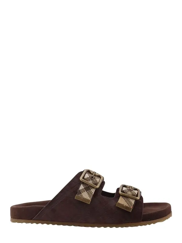 Burberry Double Buckle Checked Suede Slides - Black