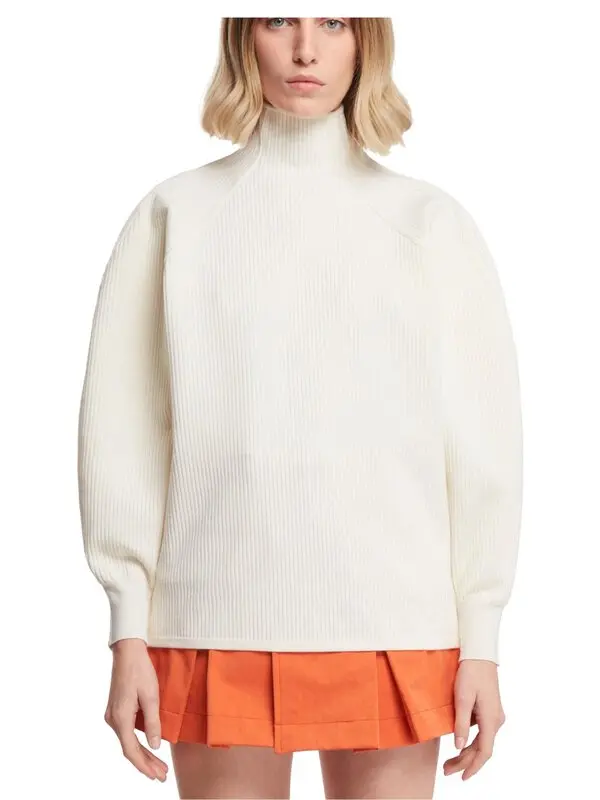 Alaïa Rib Knit High Neck Long Sleeve Sweater - White