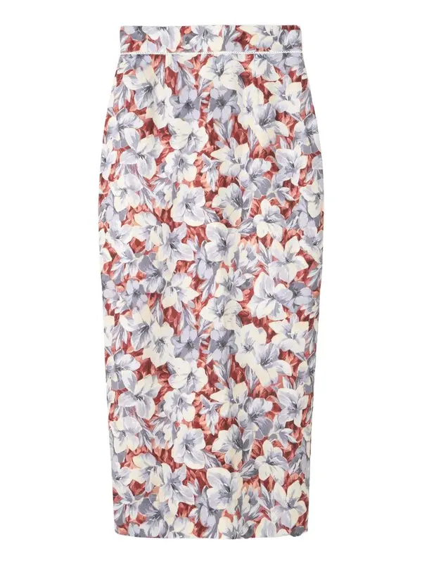 Posse Emma Floral Print Linen Midi Skirt With Lace Trim - White