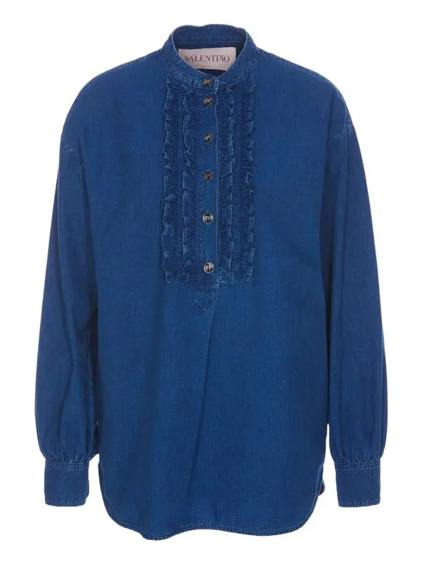 Valentino Garavani Ruffled Bib Long Sleeve Shirt - Blue