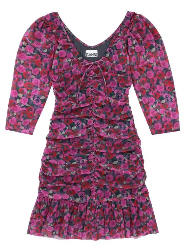GANNI Floral Print Ruched Mini Dress - Multicolor