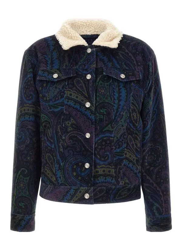 Etro Paisley-print Corduroy Jacket With Shearling Collar - Black