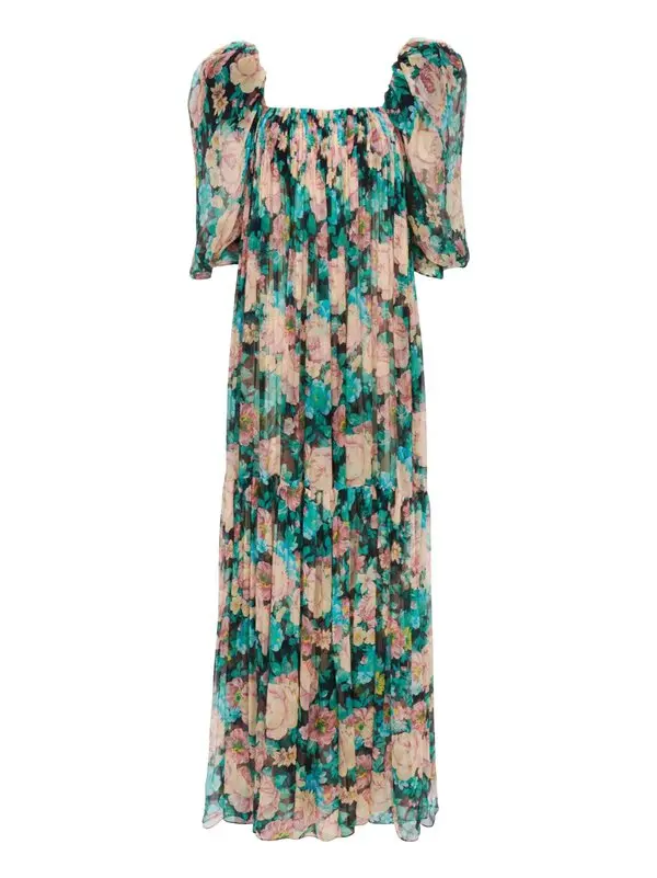 Chloé Silk Tulle Puff Sleeve Long Dress - Green