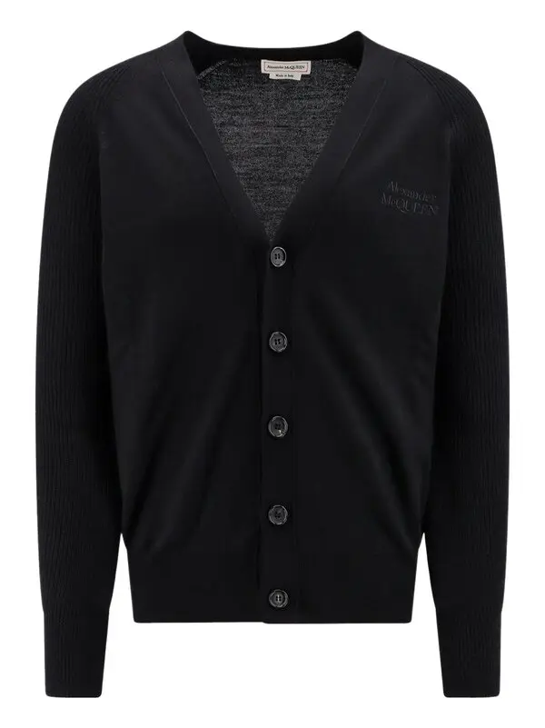 Alexander McQueen V-neck Embroidered Logo Cardigan - Black