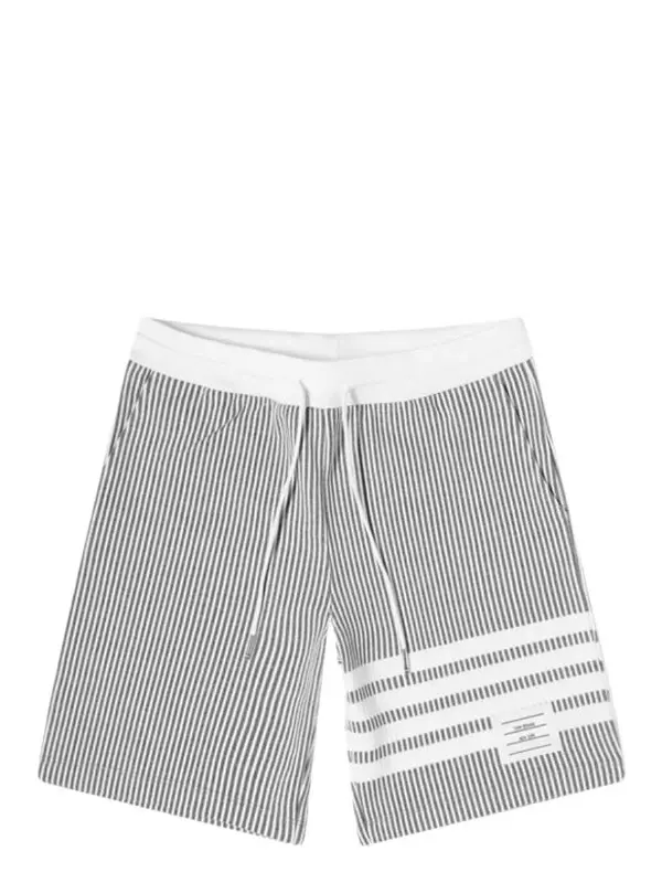 Thom Browne Seersucker Drawstring Shorts With Four Bar Stripes - Light Gray