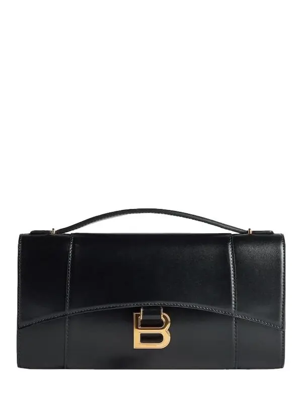 Balenciaga Hourglass Pochette With Chain In Shiny Box Calfskin - Black