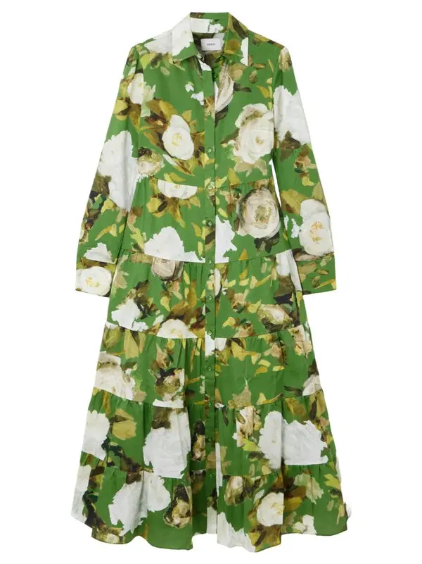 Erdem Layered Floral Print Cotton Shirt Dress - Green