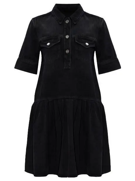 GANNI Denim Mini Dress With Lapel And Short Sleeves - Black