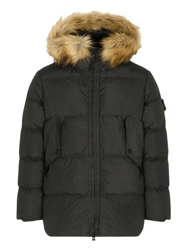 Stone Island Hooded Down Jacket With Removable Trim - Black