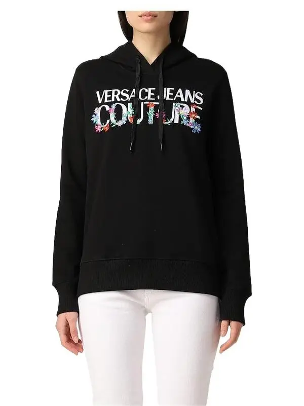 Versace Floral Embroidered Cotton Hoodie - Black