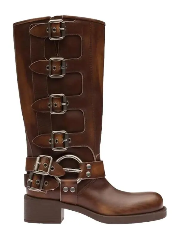 Miu Miu Buckled Round Toe Leather Boots - Green
