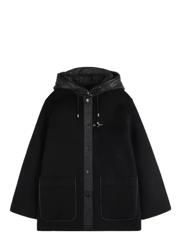 FAY Hooded Wool-cashmere Pea Coat With Quilted Nylon Detailing - Black