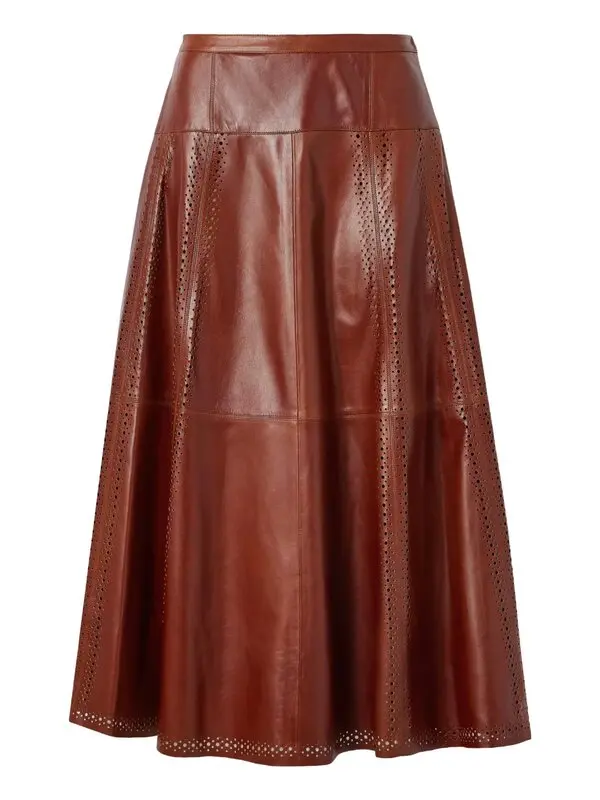 Ulla Johnson Aninda" Patchwork Perforated Leather Midi Skirt - Brown