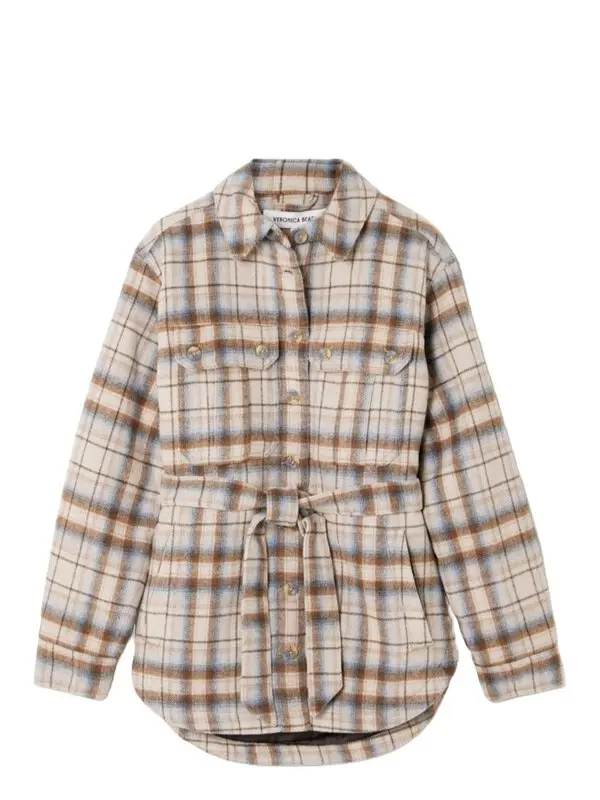 Veronica Beard Mikaela Belted Checked Flannel Shirt Jacket - Nude