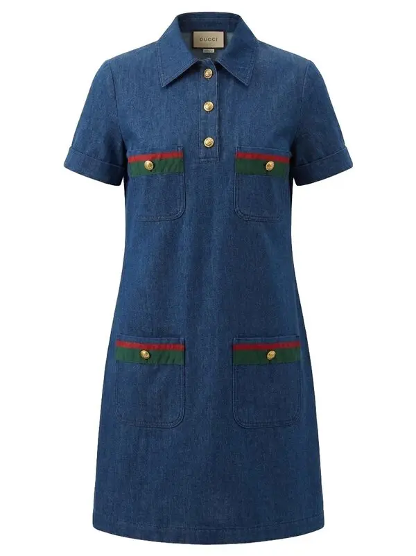 Gucci Denim Mini Dress With Webbing Trim - Blue