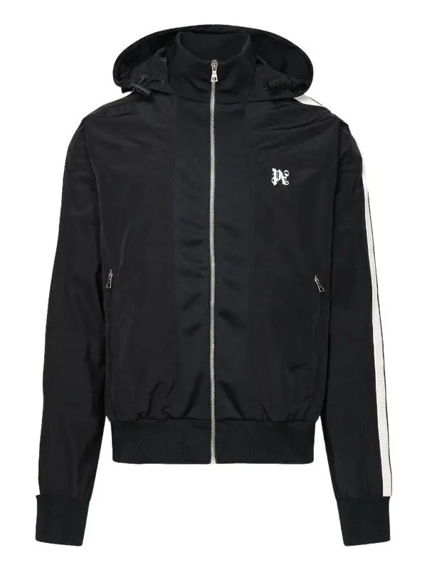 Palm Angels Logo Embroidered Hooded Zip-up Jacket - Black