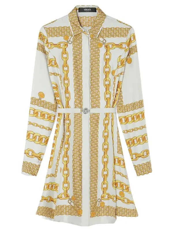 Versace Chain-printed Belted Mini Dress - White