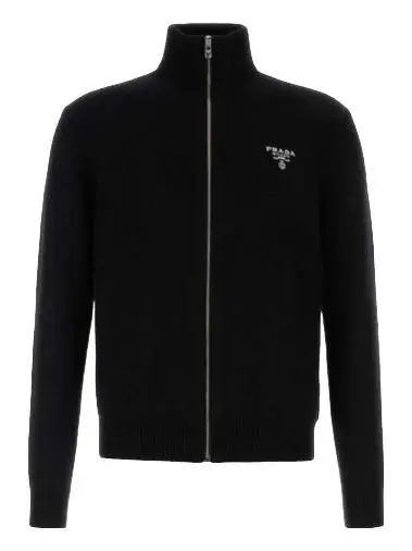 Prada Logo Embroidered Full-zip Knitted Cardigan - Black