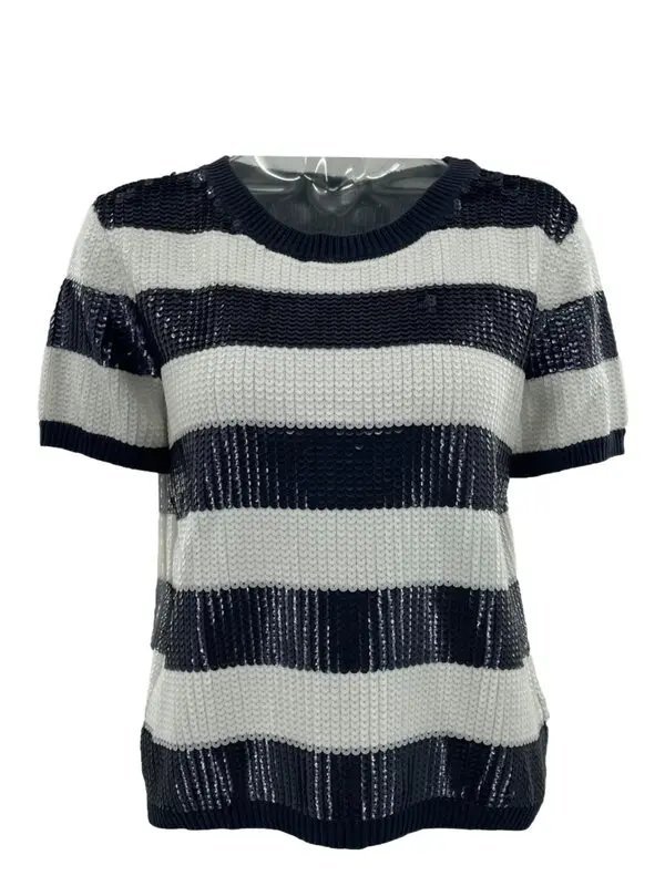 Emporio Armani Striped Sequin Embellished Short Sleeve Sweater - Black