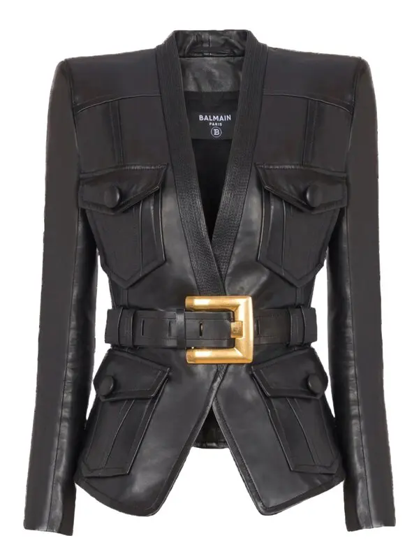 Balmain 1-button Belted Leather Jacket - Black