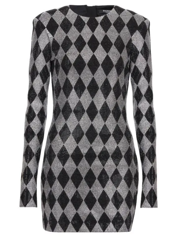 Balmain Diamond Rhombus Rhinestone Mini Dress - Black