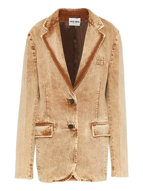 Miu Miu Embroidered Logo Denim Blazer - Cognac