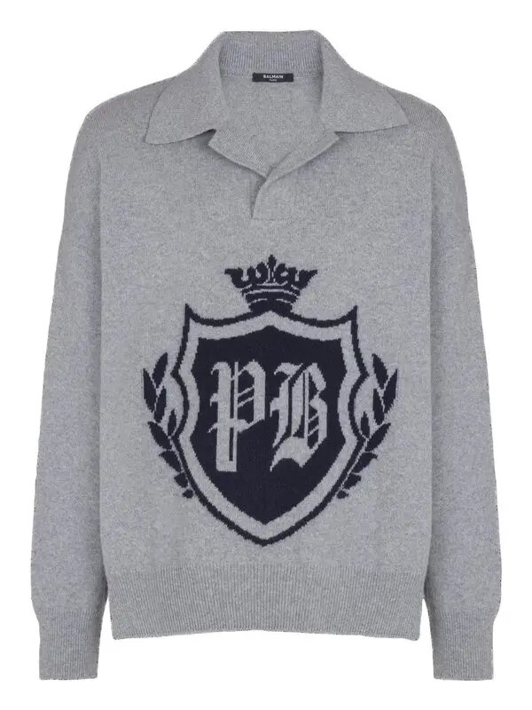 Balmain College Crest Knit Polo Sweater - Grey