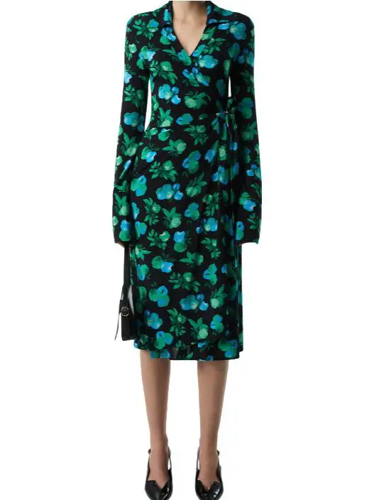 Coperni Floral Print Long Sleeve V-neck Wrap Dress - Black