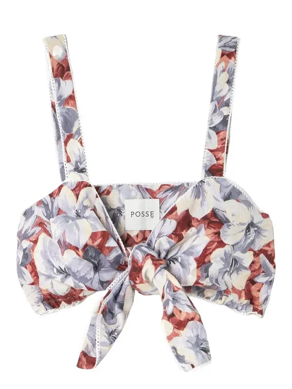 Posse Floral Print Cropped Top With Lace Trim - White