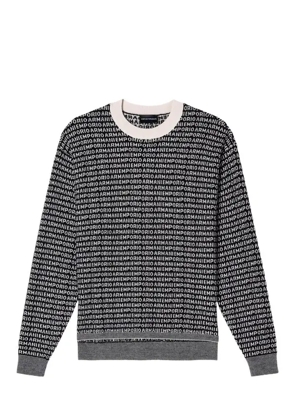 Emporio Armani Allover Logo Crew Neck Wool Sweater - Black