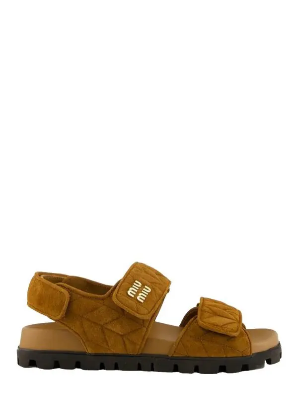 Miu Miu Double Strap Flat Sandals With Monogram Detailing - Brown