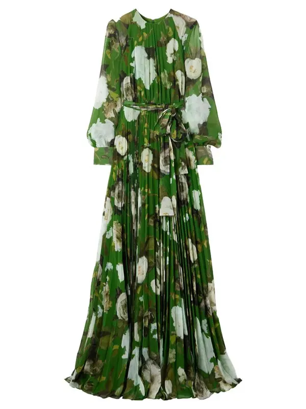Erdem Lace-up Pleated Printed Maxi Dress - Green