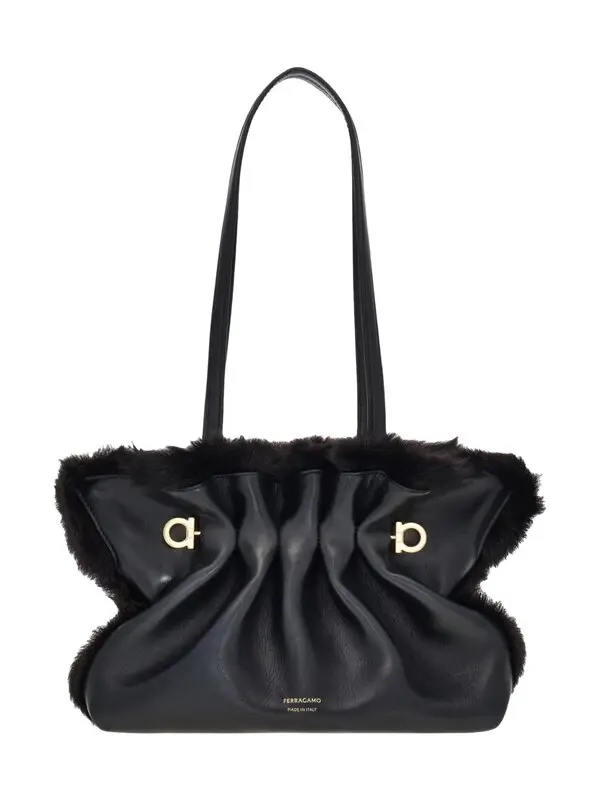 FERRAGAMO Small Gathered Detail Handbag With Fur Trim - Black