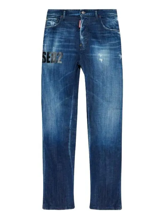 Dsquared2 Logo Printed Distressed Straight-leg Jeans - Blue