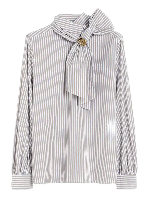 Max Mara Striped Cotton Poplin Blouse With Foulard Collar - Hazelnut Brown