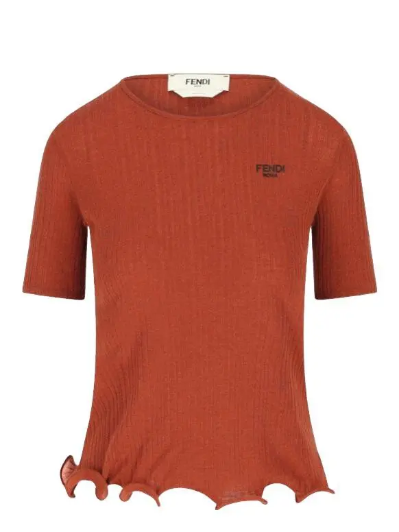 Fendi Ribbed Top With Embroidered Logo And Ruffled Hem - Brown