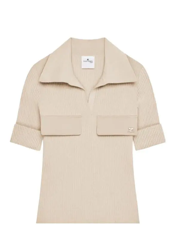 COURREGES Ribbed Knit Collared T-shirt - Cappuccino