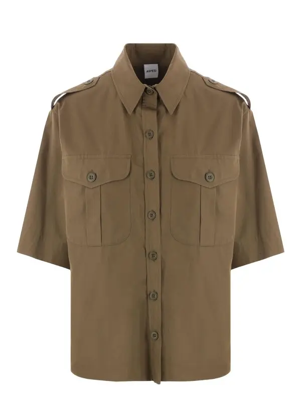 Aspesi Classic Button-up Top With Lapel And Short Sleeves - Green