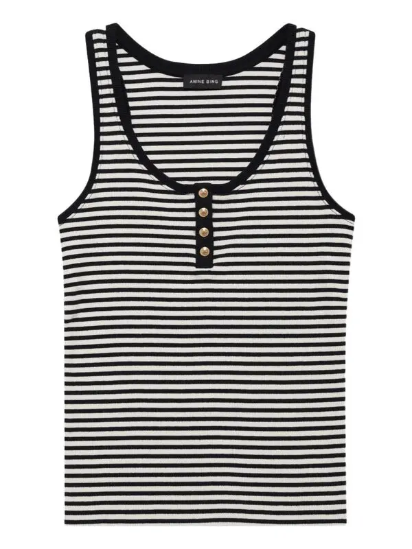 ANINE BING Alessia Striped Tank Top With Front Button Detail - Black