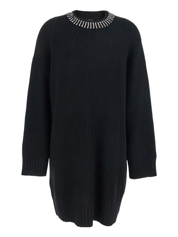 Pinko Long Sleeve Knit Dress With Embellished Crew Neck - Black