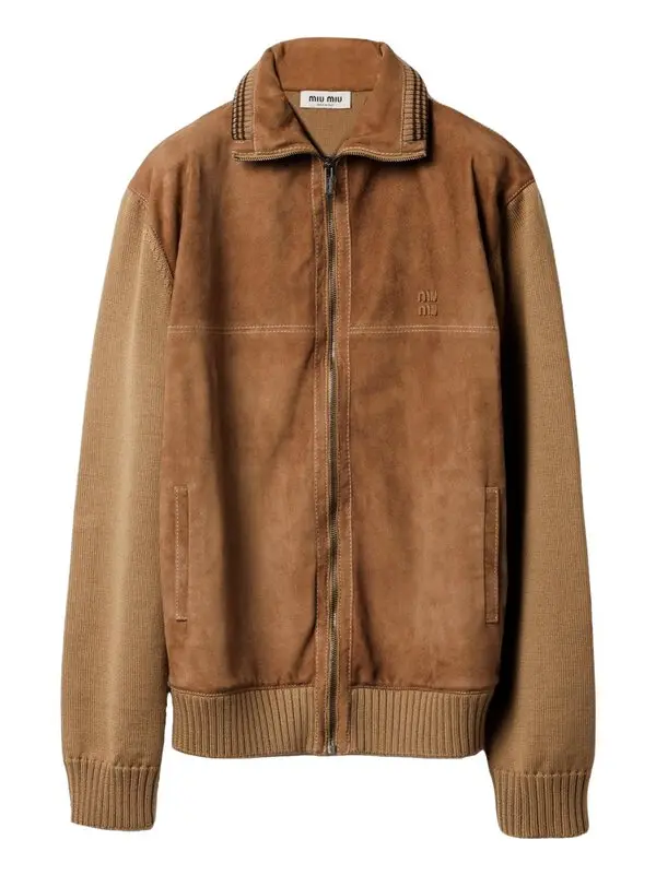 Miu Miu Knitted Sleeve Bomber Jacket - Camel/cinnamon