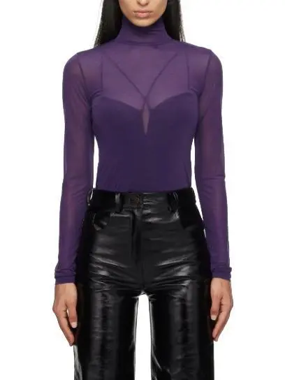 16Arlington Purple Sheer Knit High-neck Top - Black